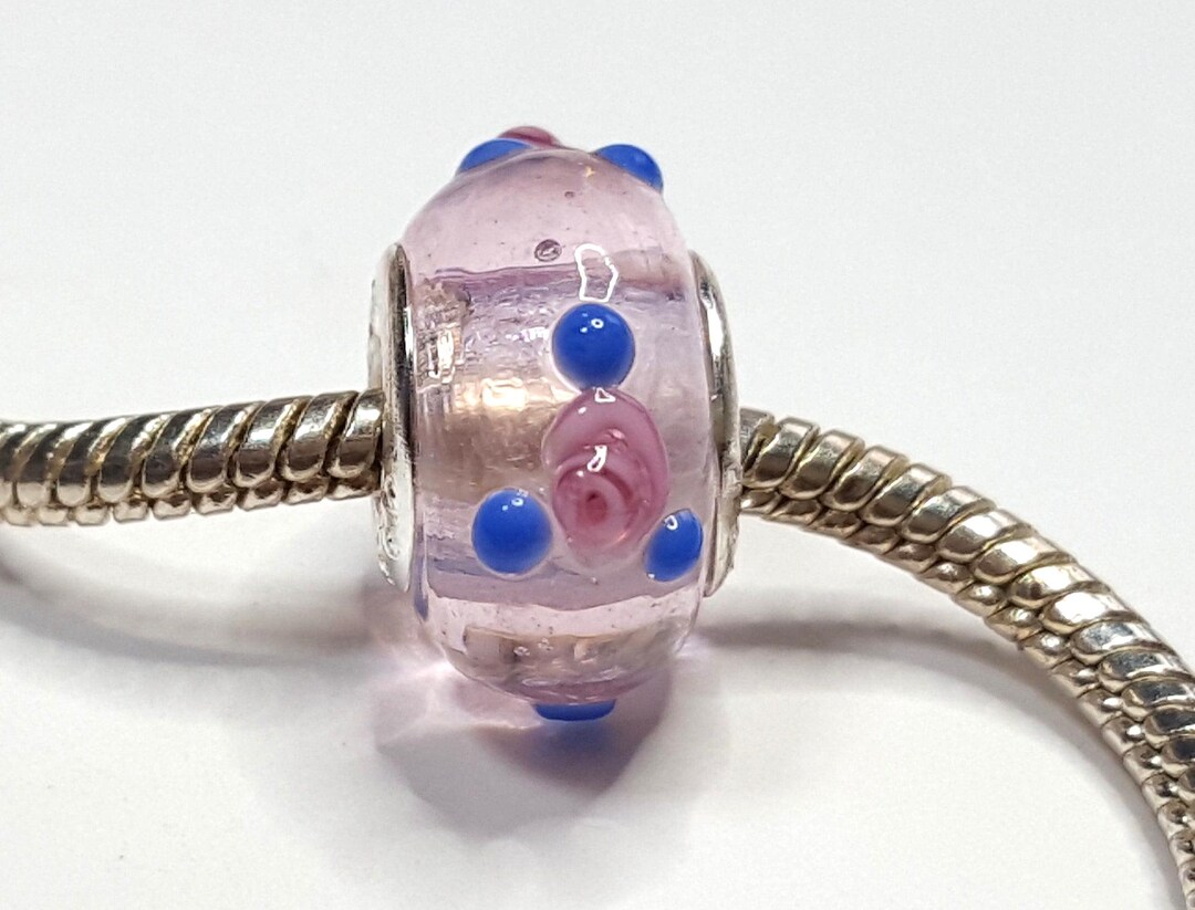 Pink Glass Bead, Blue Flower Design, Murano Glass Bead, Translucent ...