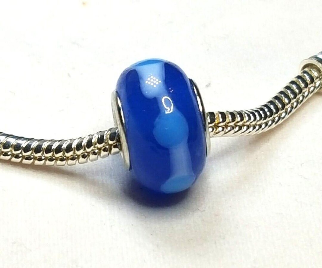 Blue Glass Bead, White Circles & Lines, Blue European Glass Bead ...
