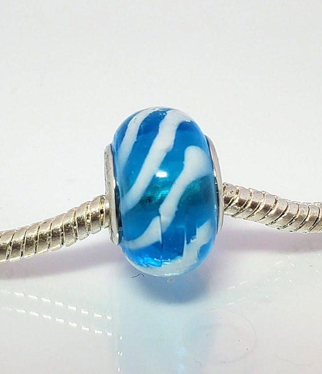 Sky Blue Glass Bead, White Spiral Lines, Murano Glass Bead, Translucent ...