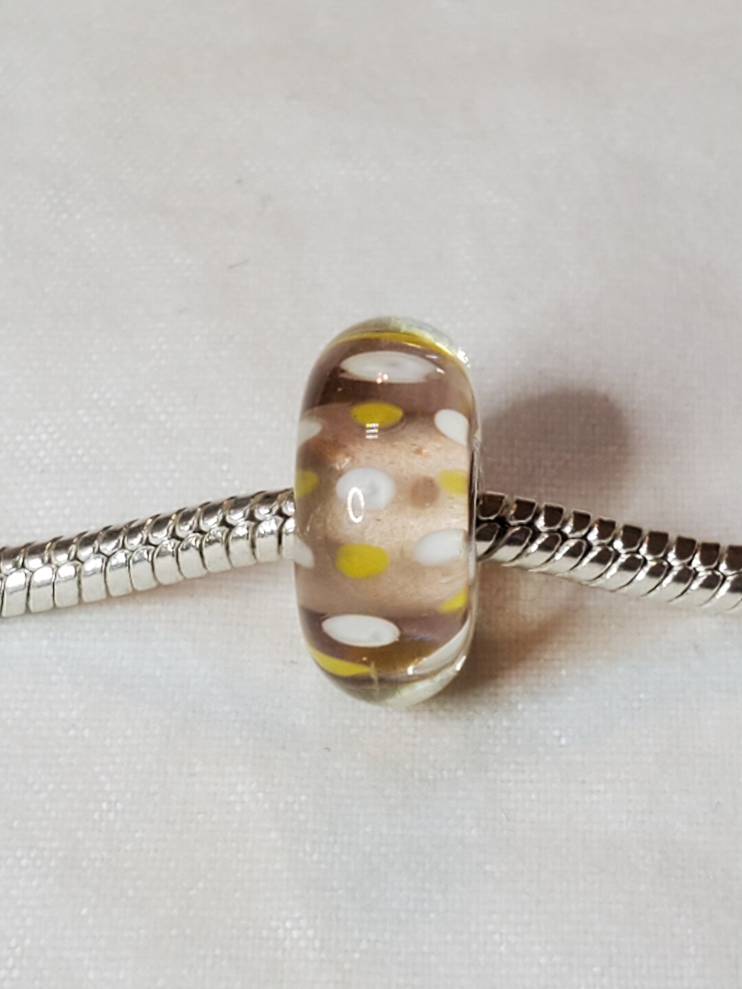 Beige Glass Bead, Yellow White Polka Dot Design, Murano Glass, European ...