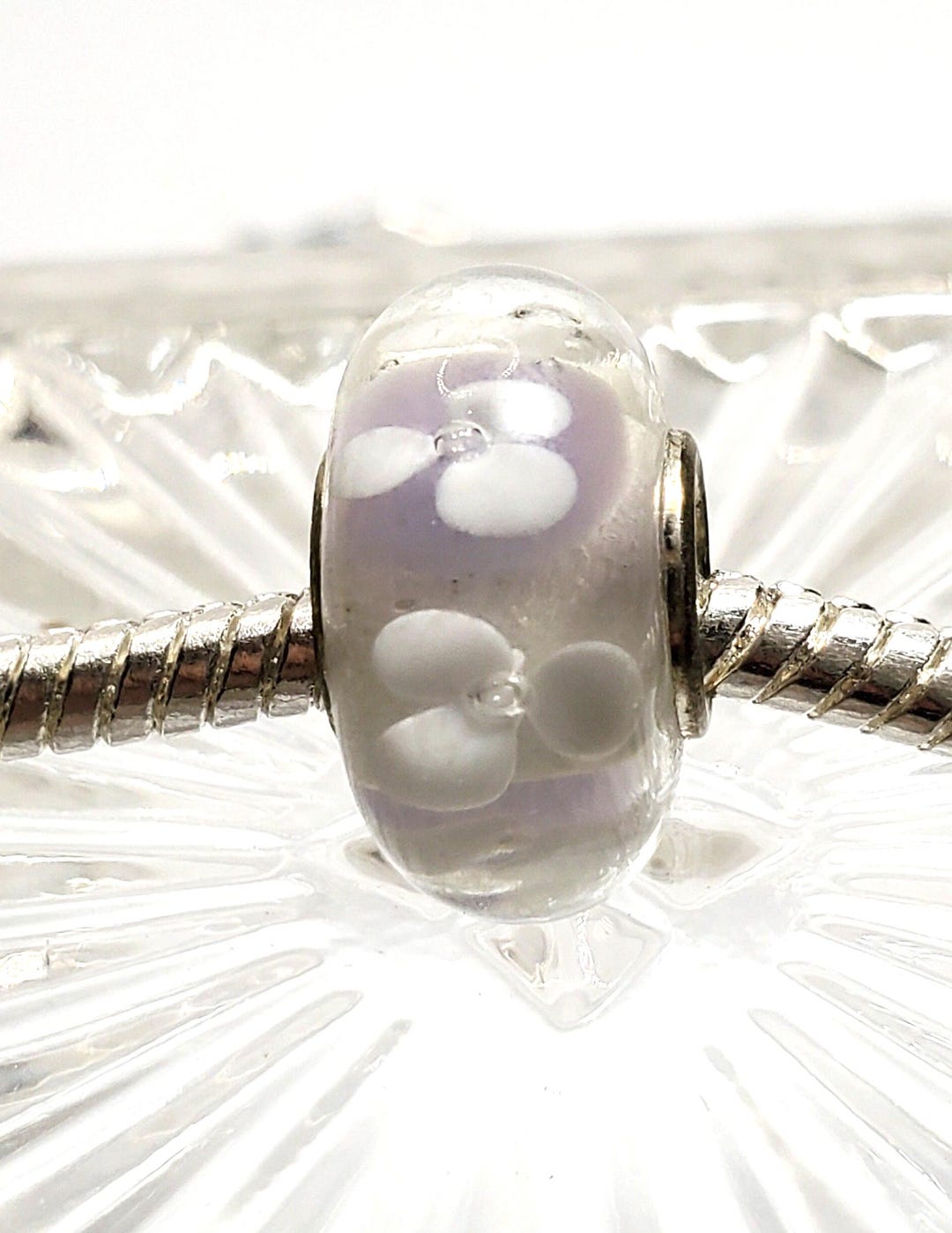 Purple Glass Bead, White Flower Design, Murano Glass Bead, European ...