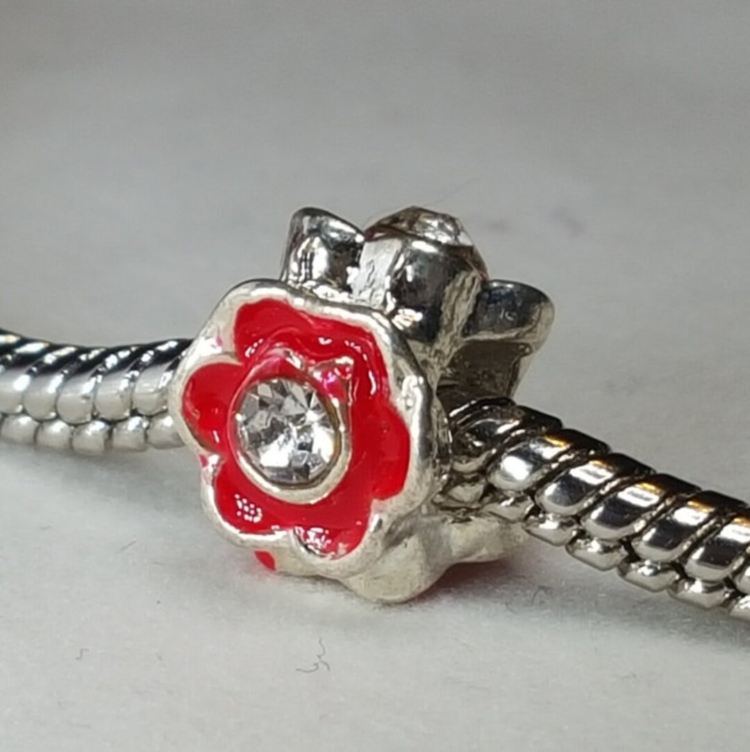 Red and Silver Flower Charm, Pretty Charm, ,clear Crystal Centers Fits ...