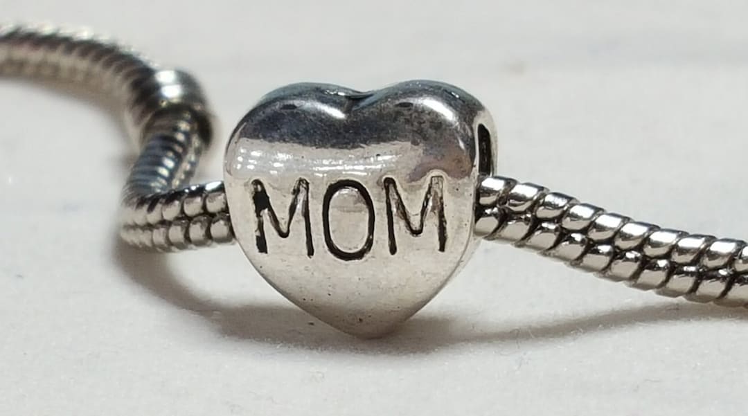 Mom Charm, Spacer, Heart Shaped Charm, MOM Engraved on Both Sides, Dual ...