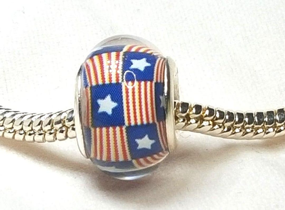 USA Flag Bead, European Resin Bead, Flags Around Entire Bead, Red White ...
