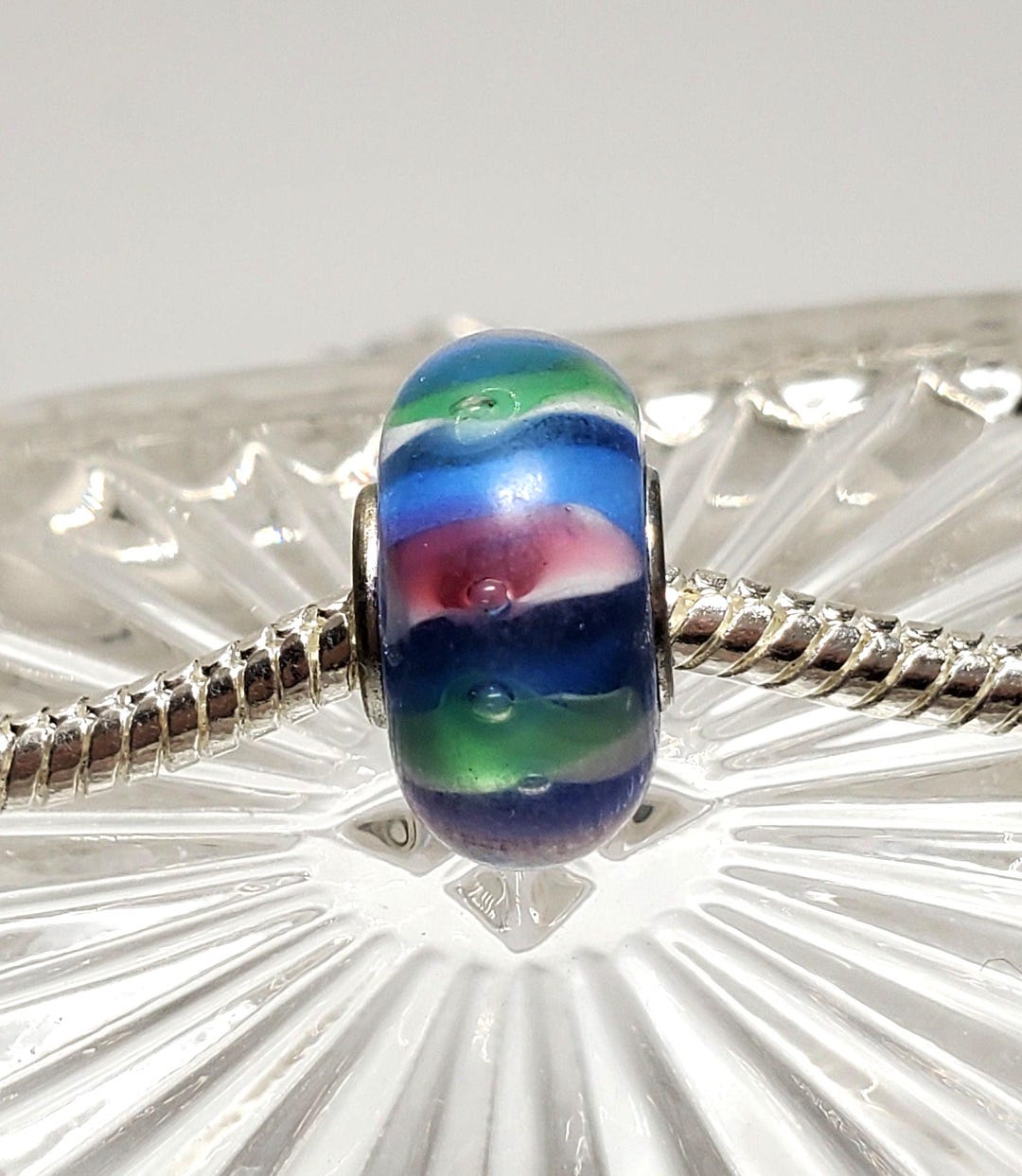 Blue Glass Bead, White Green Pink Stripes, Blue European Glass Bead ...