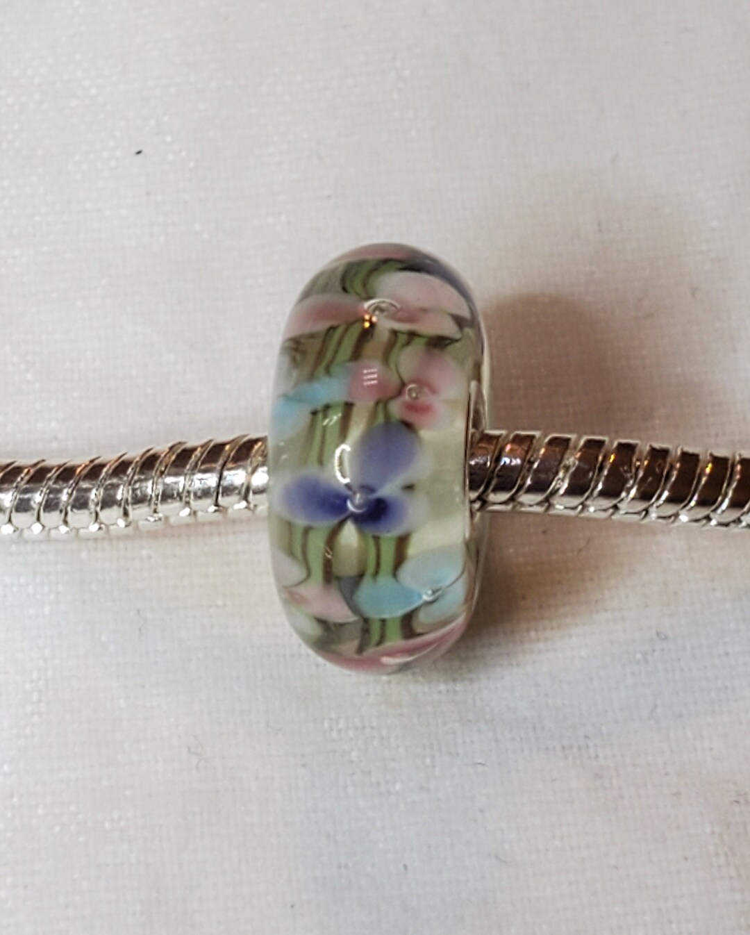 Clear Glass Bead, Blue Pink Flowers, Murano Glass Bead,, European Glass ...