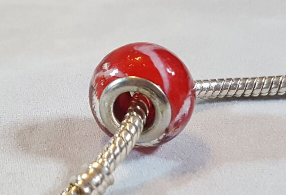 Red Glass Bead Red White Candy Stripes Red Murano Glass Bead European Glass Bead Fits all Designer and European Charm Bracelets
