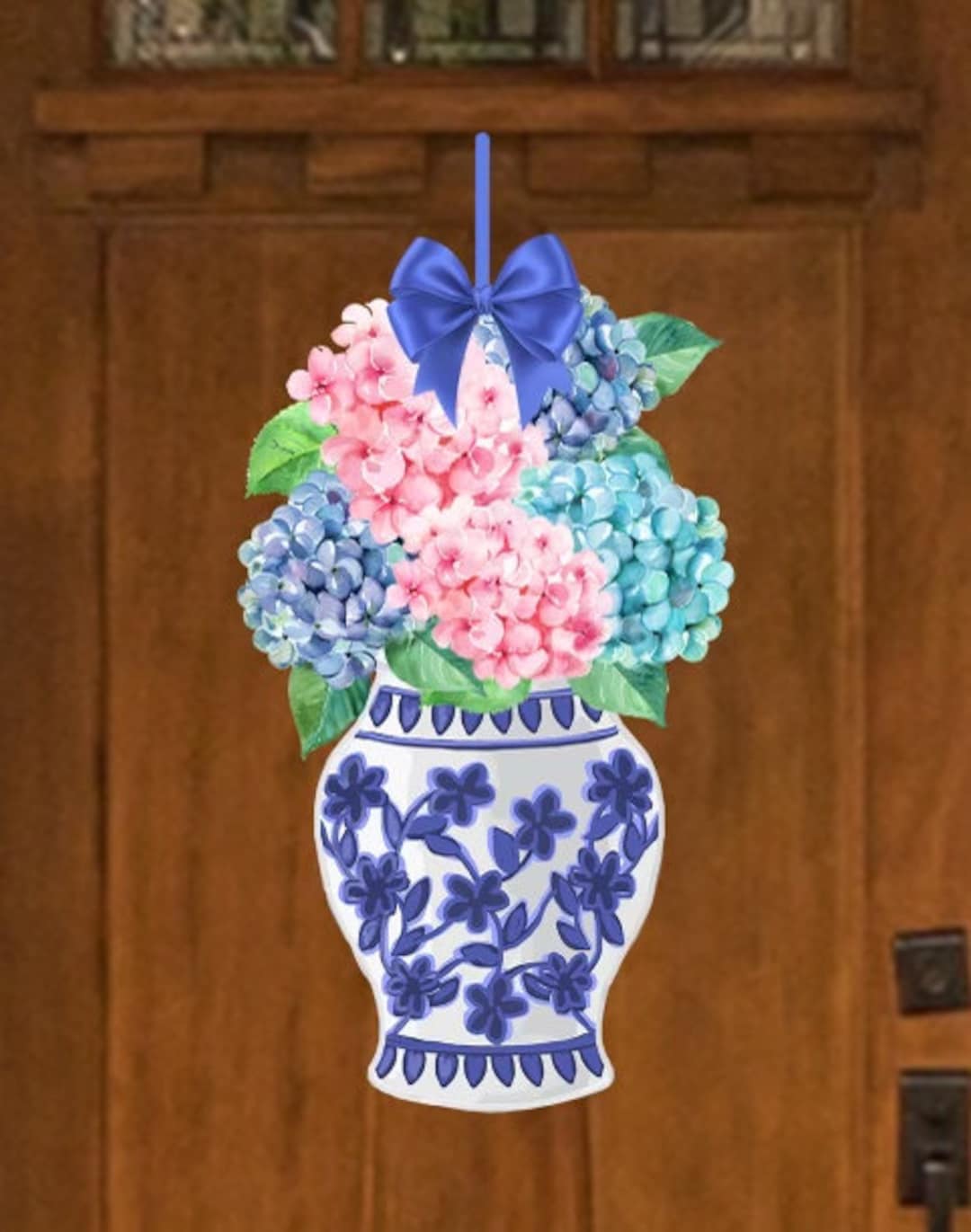 Door Hanger-hydrangeas in Chinoiserie Vase-door Decor-monogrammed Door Hanger-pink Blue ...
