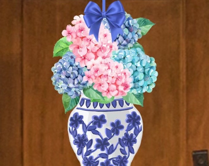 Door Hanger-hydrangeas in Chinoiserie Vase-door Decor-monogrammed Door Hanger-pink Blue ...