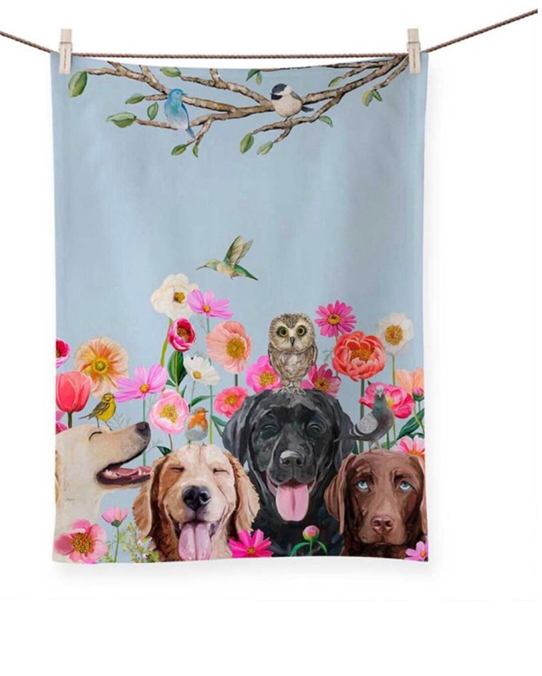 Dog Tea Towel-dogs and Birds Tea Towel Hostess Gift Christmas Tea Towel ...
