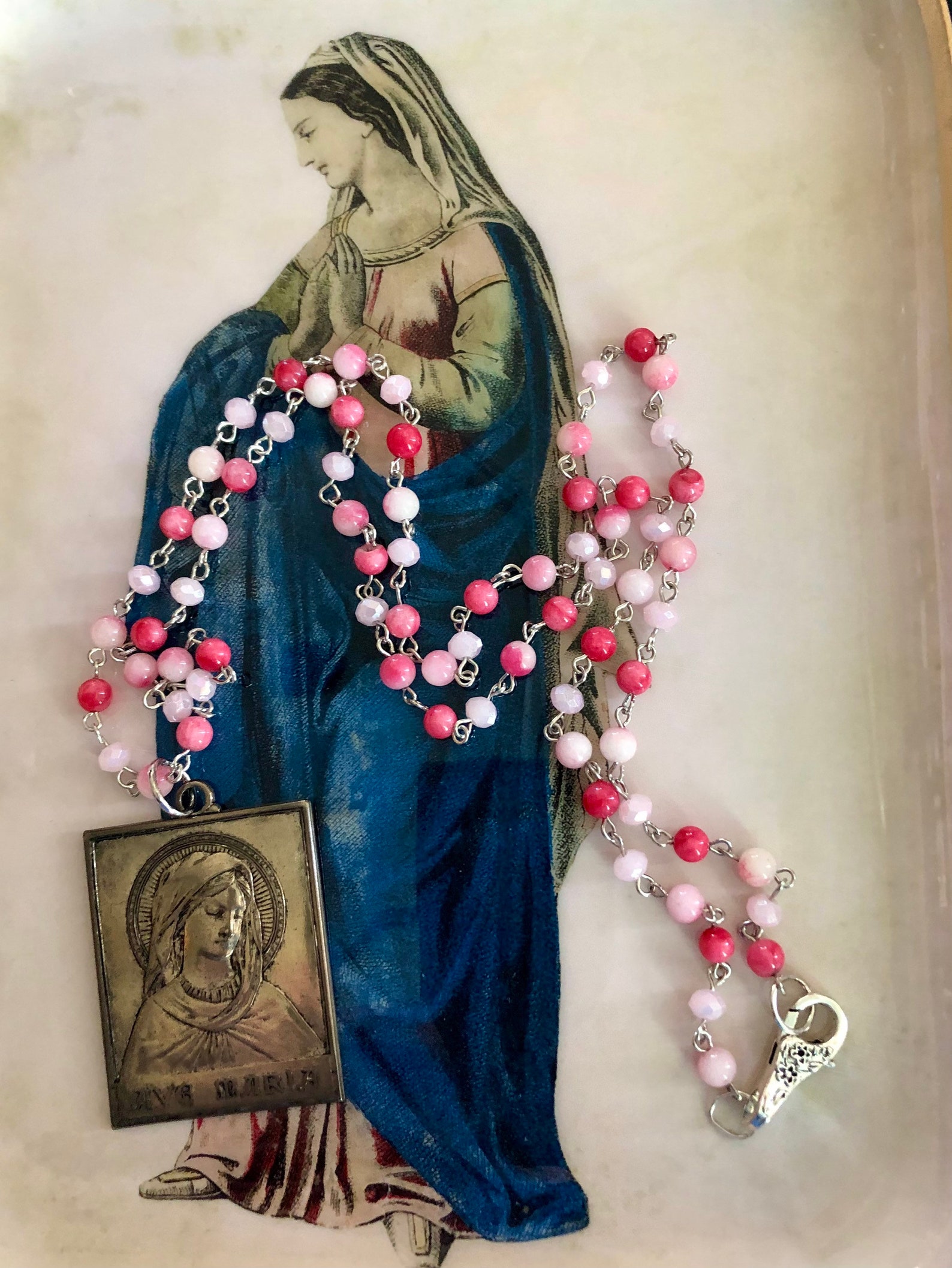 Virgin Mary Pink Beaded Necklace - Diana D Darden - Vintage Pendant ...