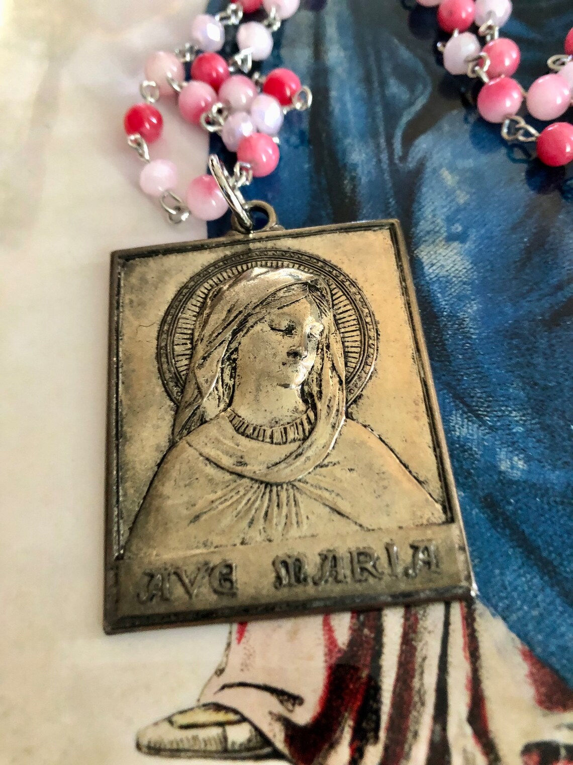 Virgin Mary Pink Beaded Necklace - Diana D Darden - Vintage Pendant ...