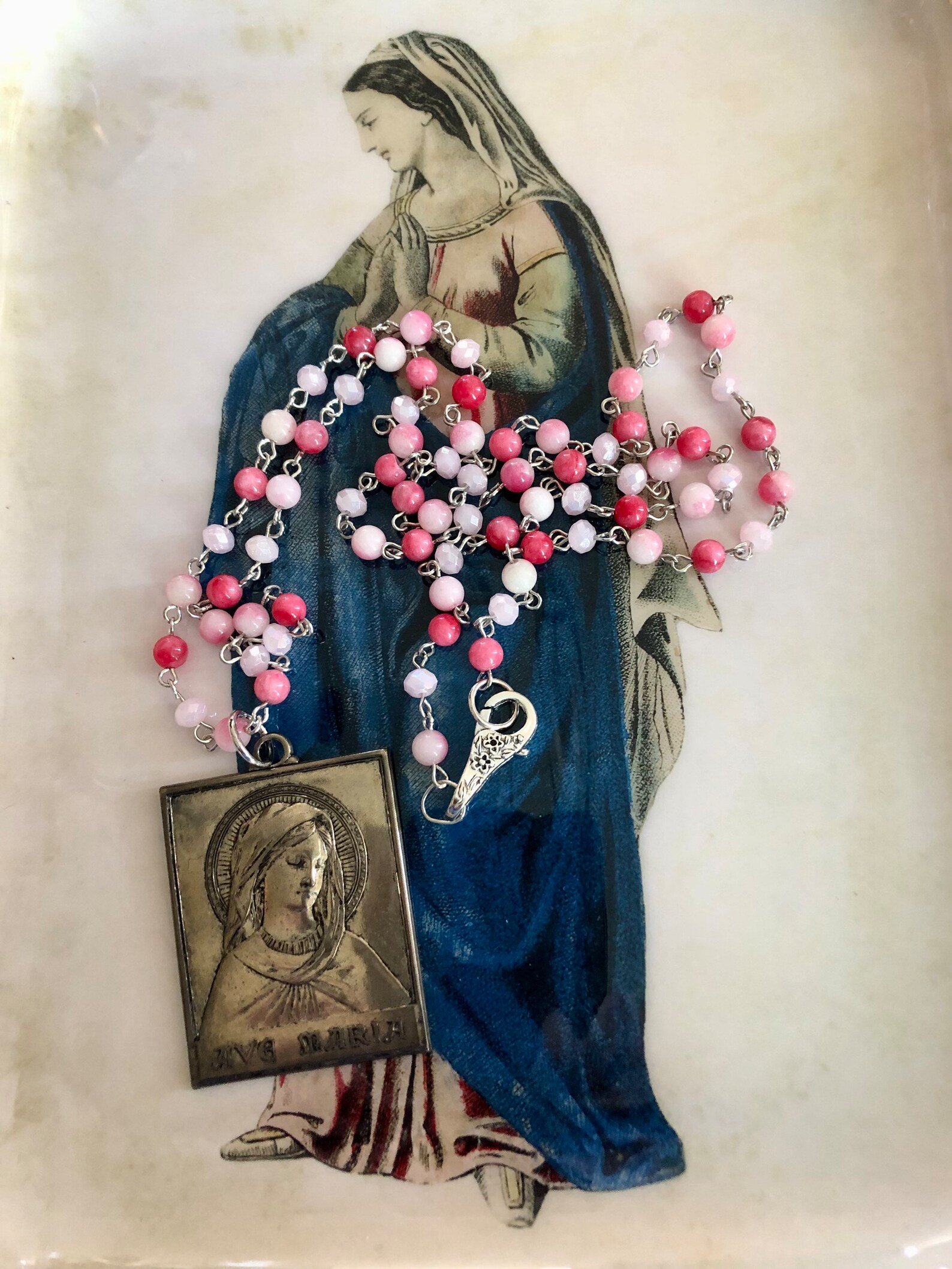Virgin Mary Pink Beaded Necklace - Diana D Darden - Vintage Pendant ...