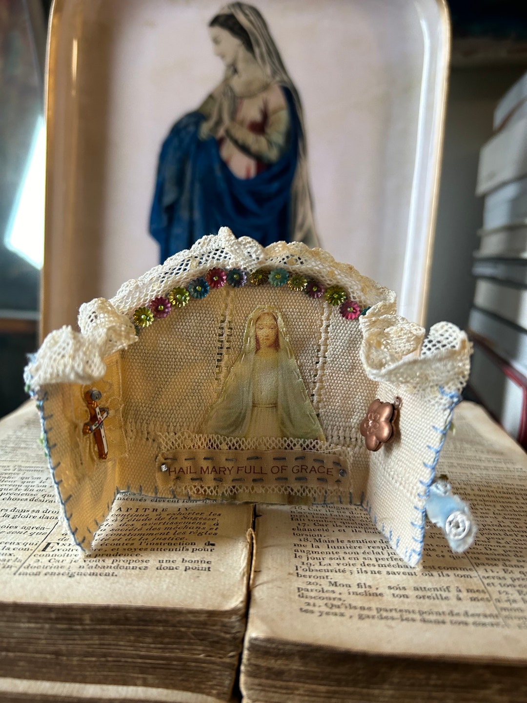 Mini Virgin Mary Hand Stitched and Vintage Assembled Shrine Diana D ...
