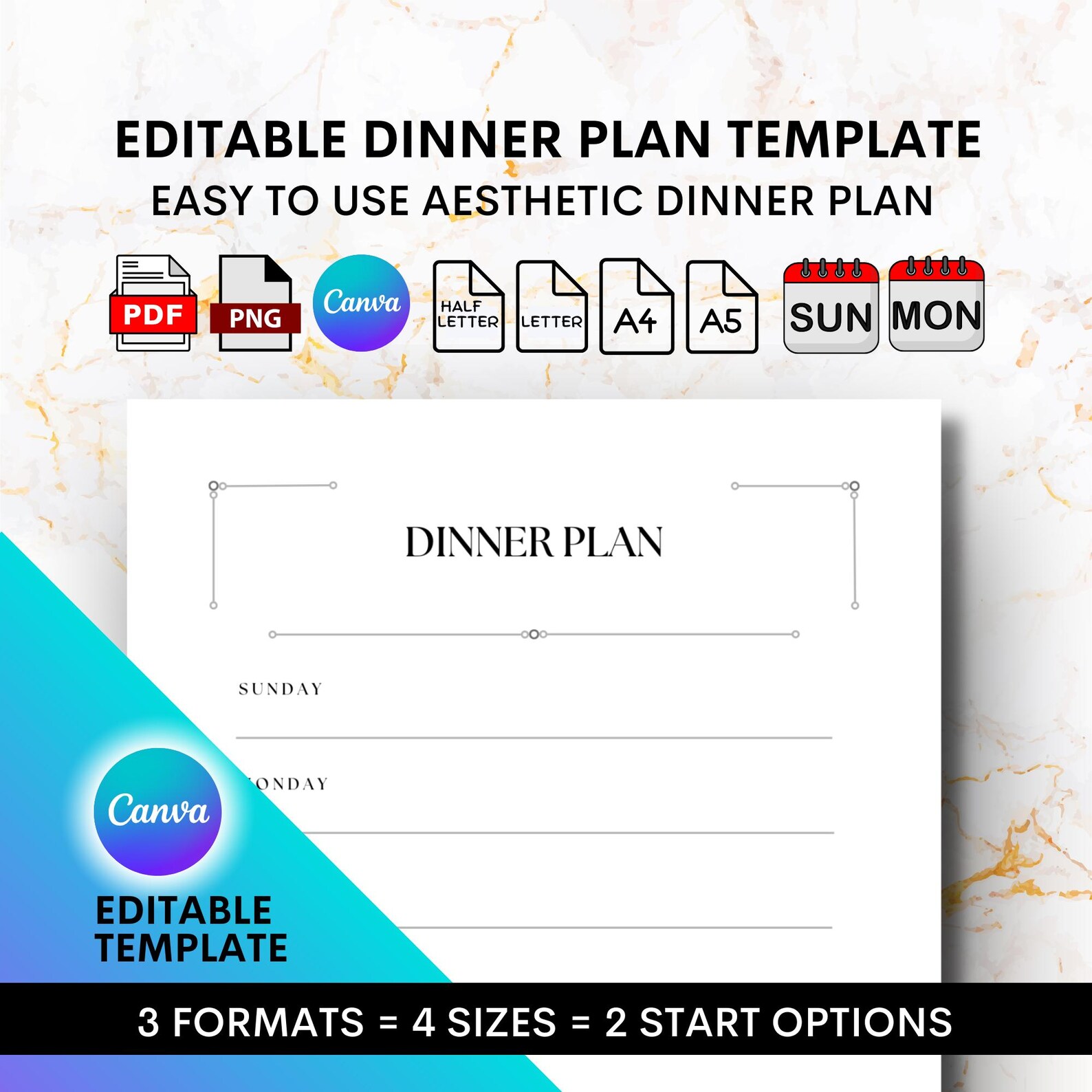 Editable Meal Plan Canva Template. Sunday and Monday Start Dinner Plan ...