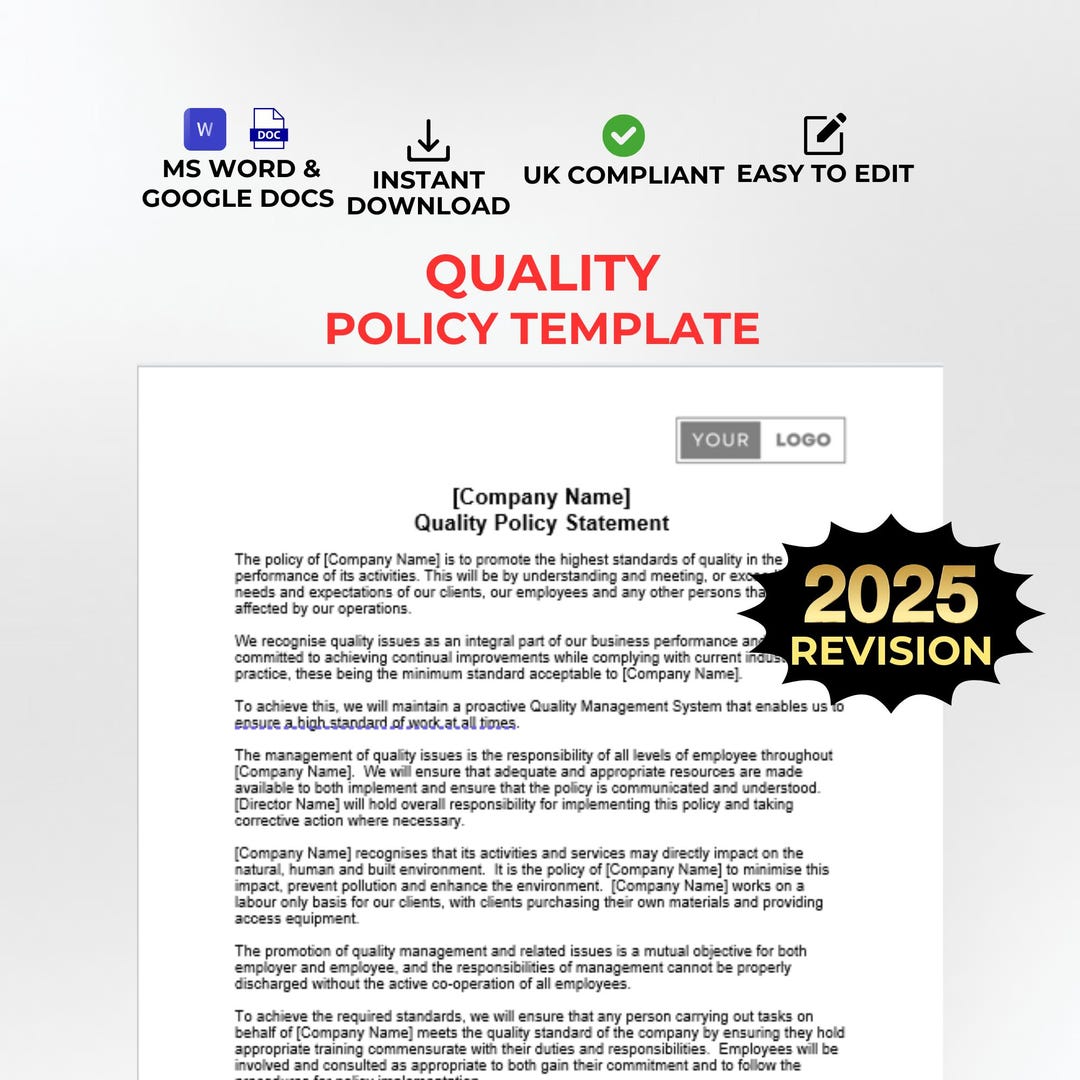 Editable Quality Policy Template. Instant Download Quality Assurance ...
