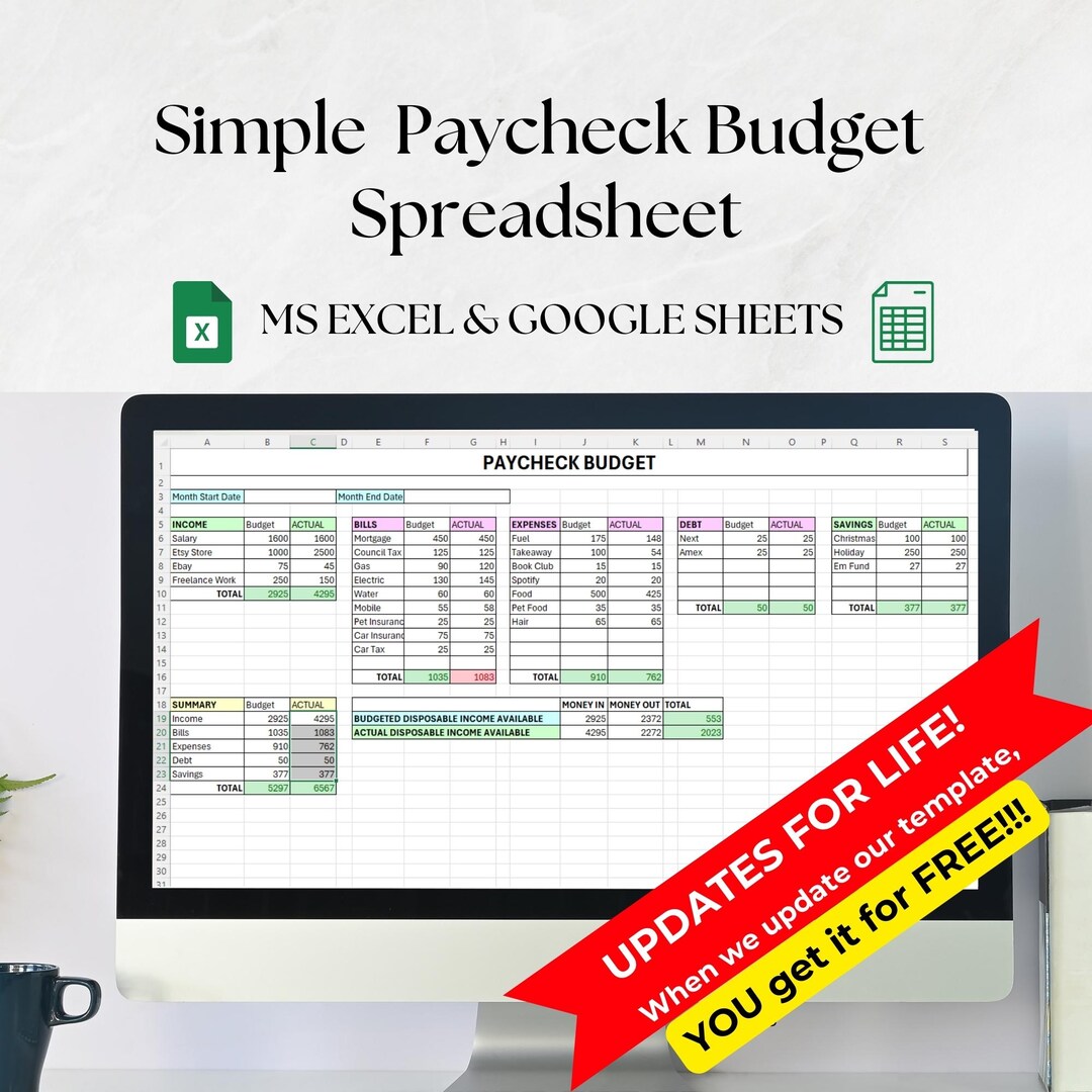 Paycheck Budget Spreadsheet Excel Budget Template, Monthly Googlesheets ...