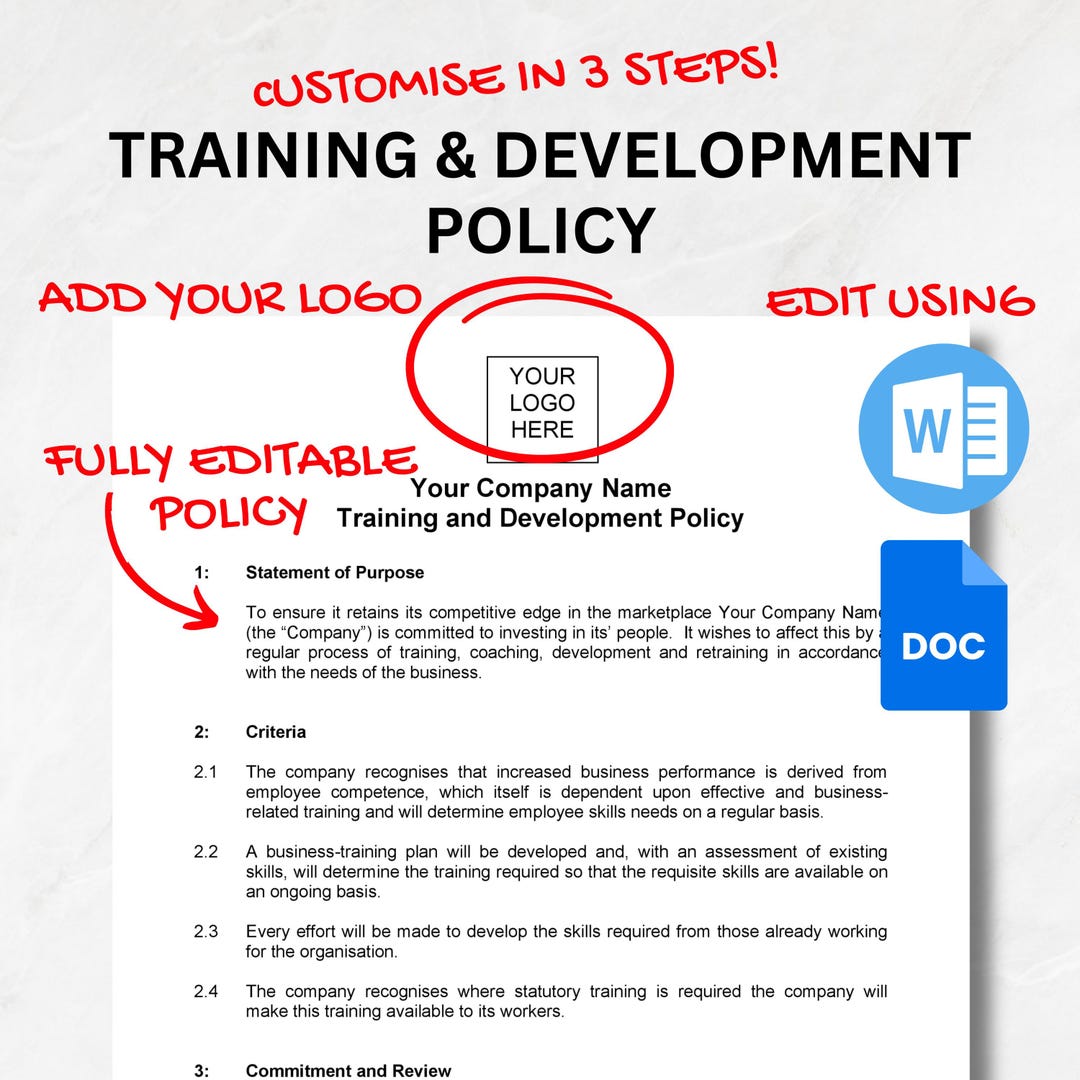 Training Policy Template in MS Word and Googledocs- Company Training ...