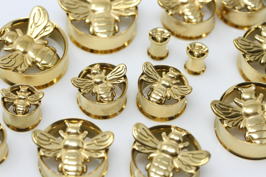 Golden Honey Bee Stainless Steel Tunnels Screw on Plugs pair PSS80 - Etsy