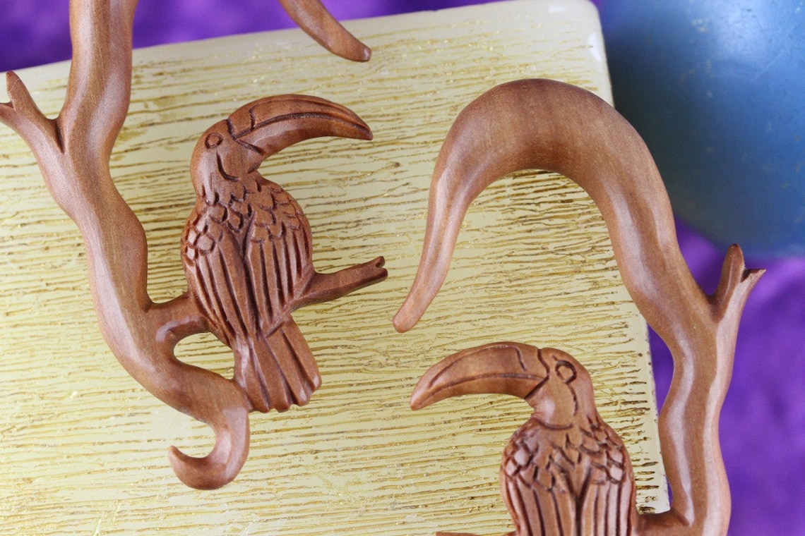 Toucan Wood Hanging Plugs Hanger Bird Plugs Carved Wood - Etsy