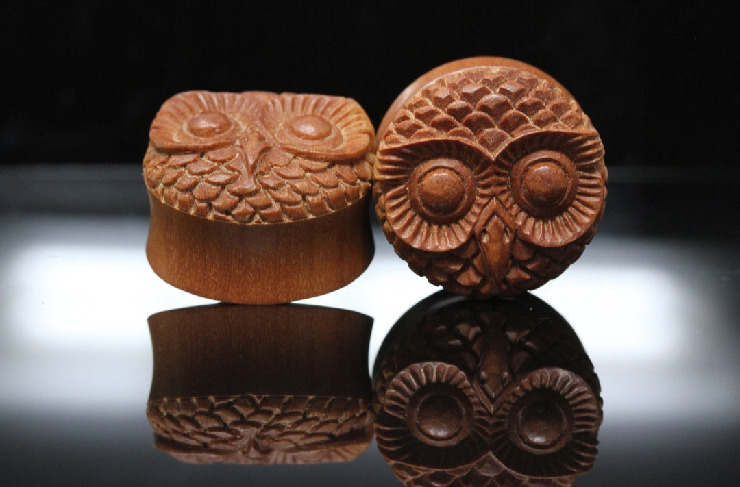 Owl Hand Carved Wood Plugs (pair) - PA11 - Etsy