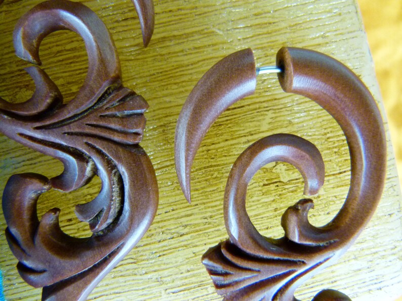 Fake Gauge Wood Earrings Hand Carved Gauge Looking Earring - Etsy