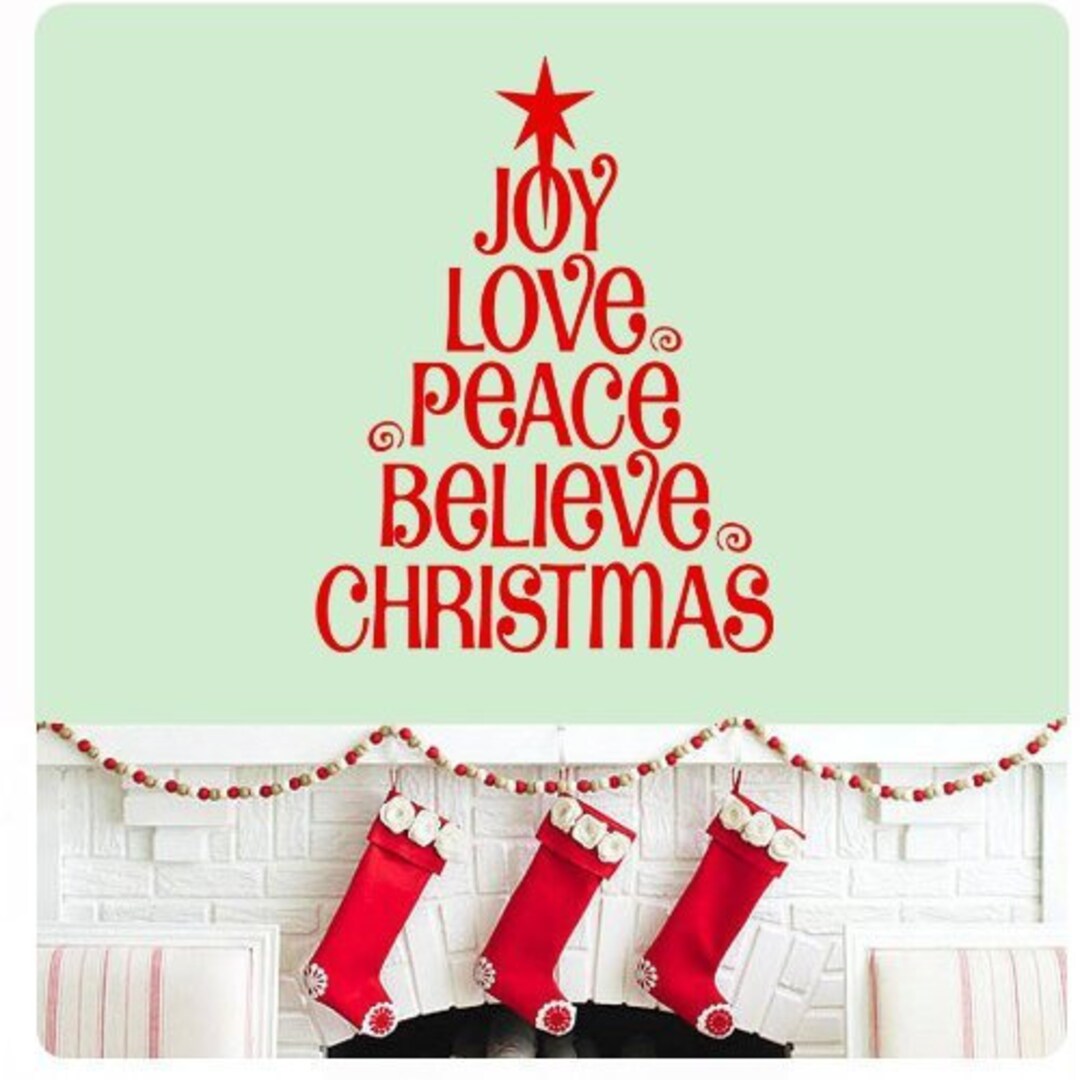 Joy Love Peace Believe Christmas Collage Christmas Tree Shape Star Wall ...