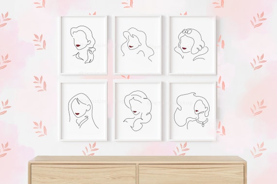 Printed Disney Princess Minimal Line Art Set of 6 Prints - Etsy