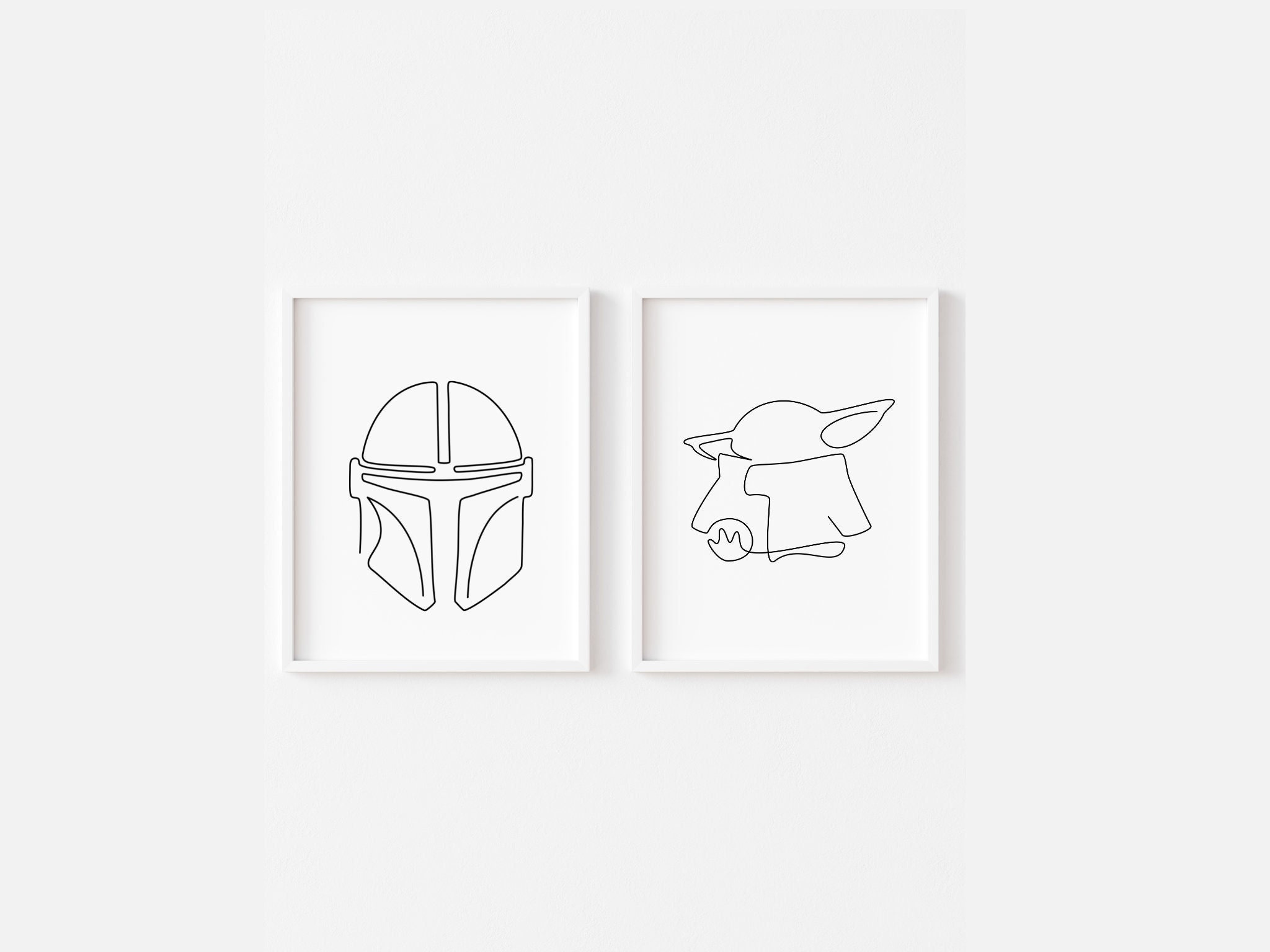 Bebé Yoda Grogu Bounty Hunter Duo Star Wars Dibujo de línea minimalista ...