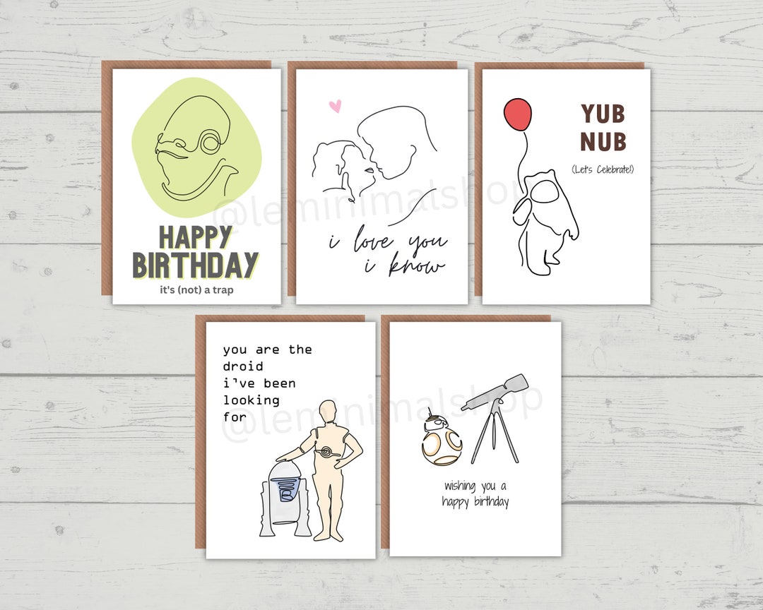 Star Wars Greeting Cards Set 0f 5 Nerd Droid Birthday Card Cute Scifi ...