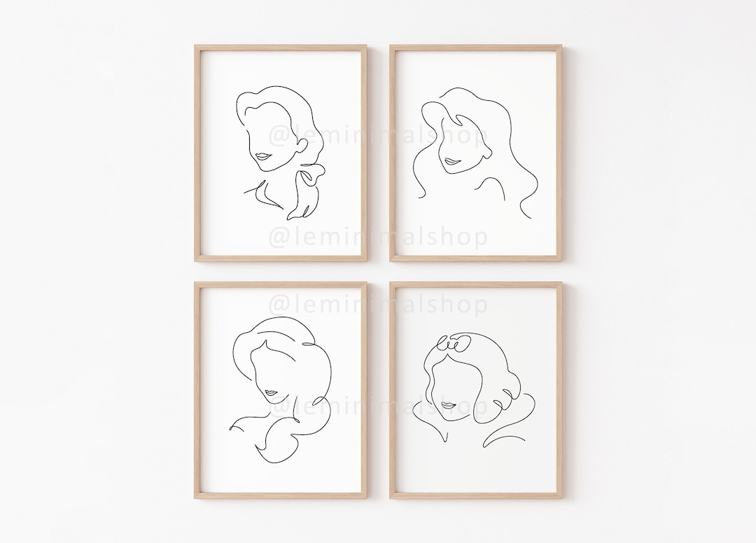 Printed Disney Princess Minimalist Line Art - Set of 4 Prints | Belle ...