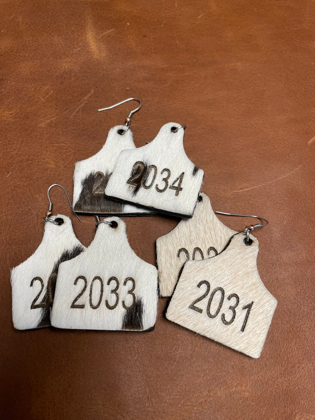 Cowhide Cow Ear Tag Earrings Surgical Steel Wires Cowgirl Western ...