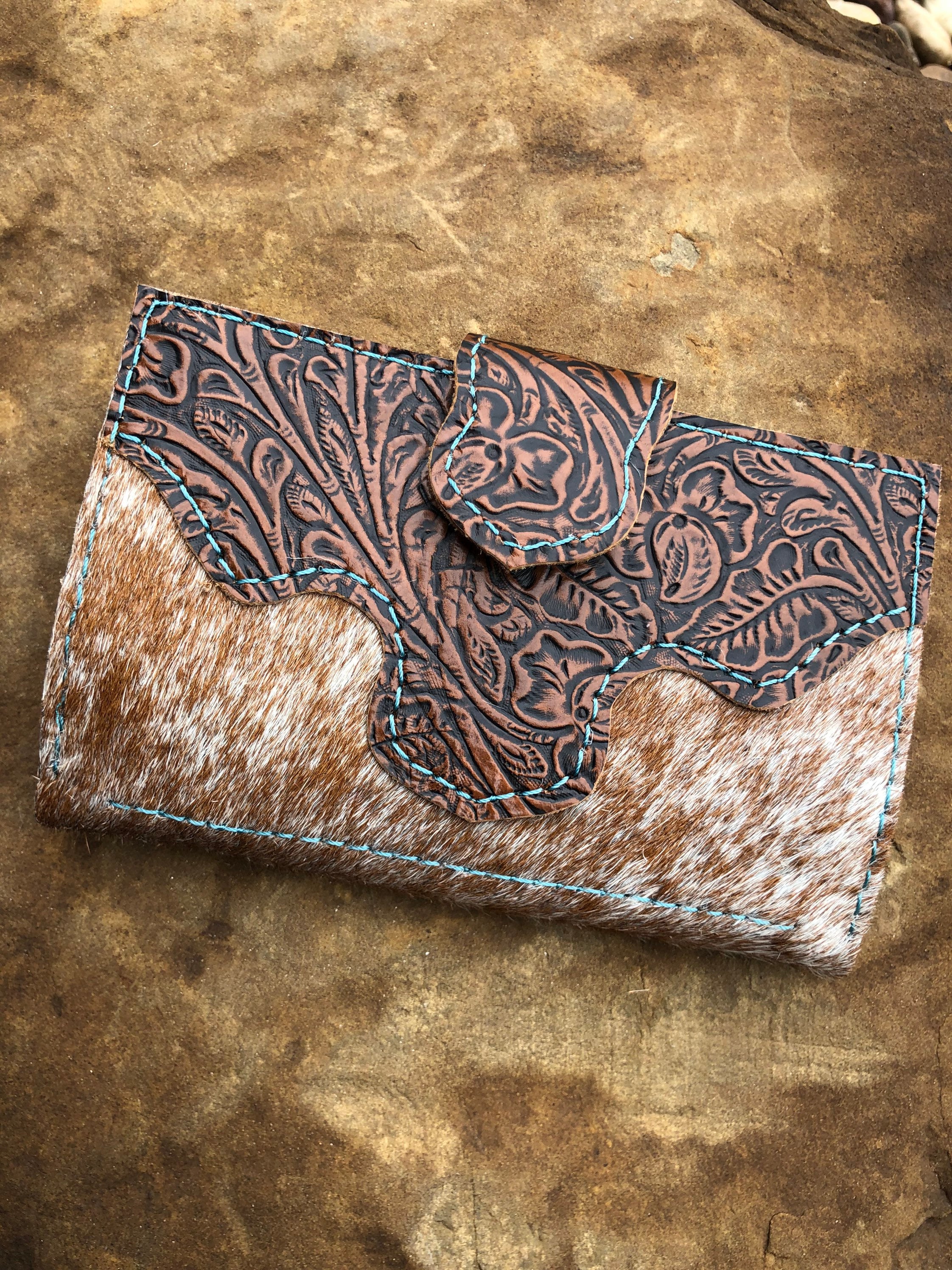 Western Cowhide Wallet Speckled Hide Turquoise Thread Cowgirl. - Etsy