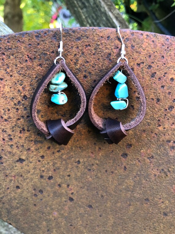 Cowgirl Leather and Genuine Turquoise Drop Earrings | Etsy