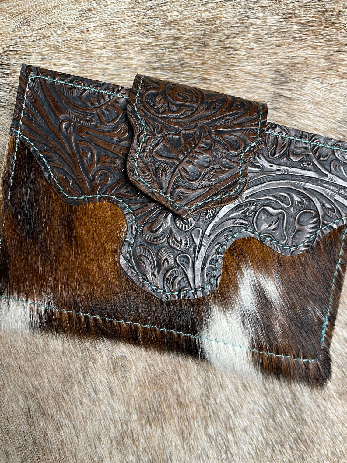 Western Cowhide Wallet Speckled Hide Turquoise Thread Cowgirl. - Etsy