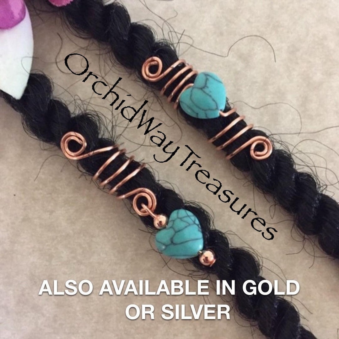 Copper W/turquoise Stone Hearts Dread/braid Charms Set of 2 Dreadlock ...
