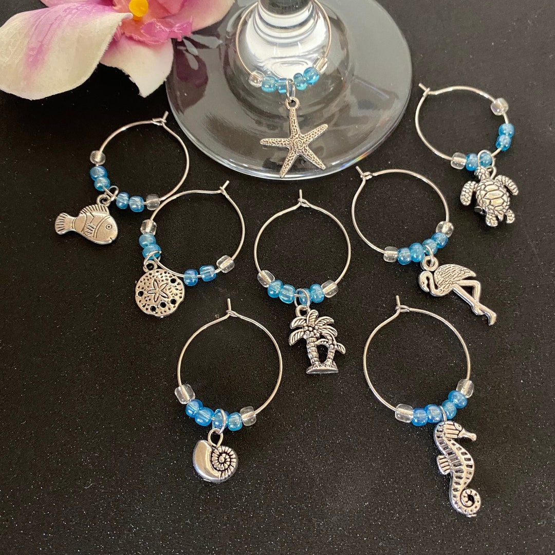 Wine Glass Charms Beach Themed Beaded Drink Tags Set of 8 Tropical ...