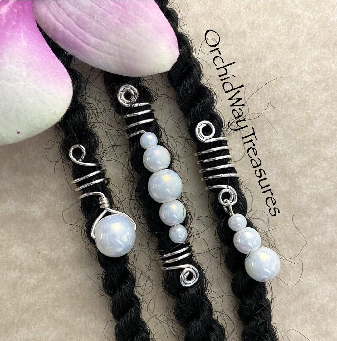 Loc Jewelry Silver W/white Marble Glass Pearls Set of 3 Dread/braid ...