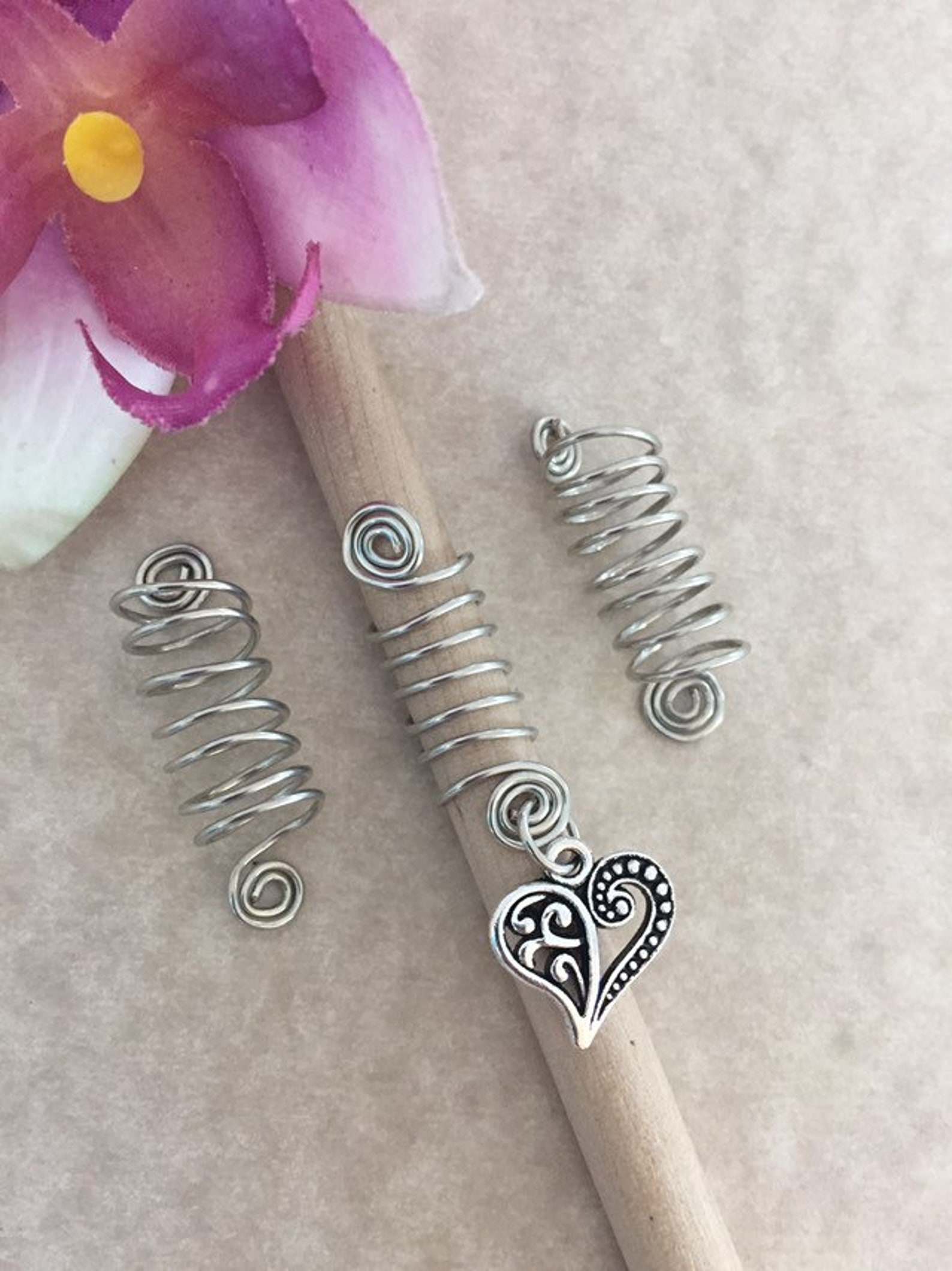 Loc Jewelry Silver Coils w/Filigree Heart Set of 3 Dreadlock | Etsy