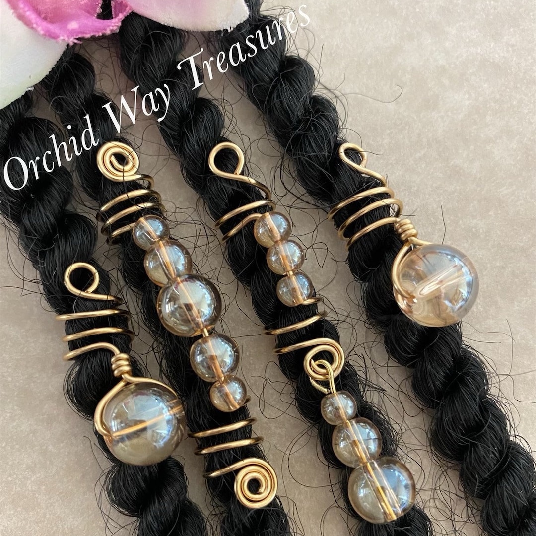 Loc Jewelry Gold Coils W/amber Glass Beads Set of 4 Dread/braid Charms ...