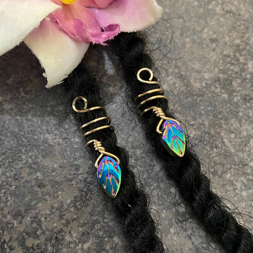 Loc Jewelry Gold W/hematite Leaf Dread/braid Charms Set of 2 Dreadlock ...