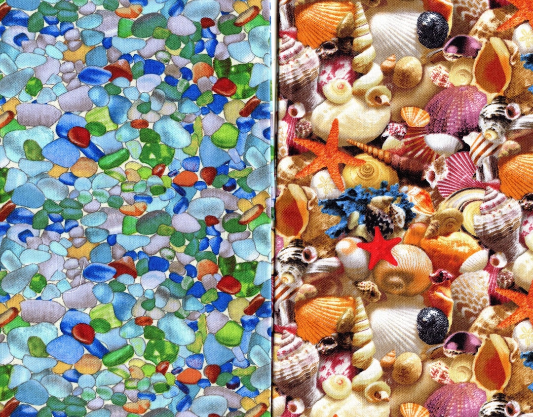 FAT QUARTER Bundle Set of 2 Sea Glass and Seashells Elizabeth's Studio ...