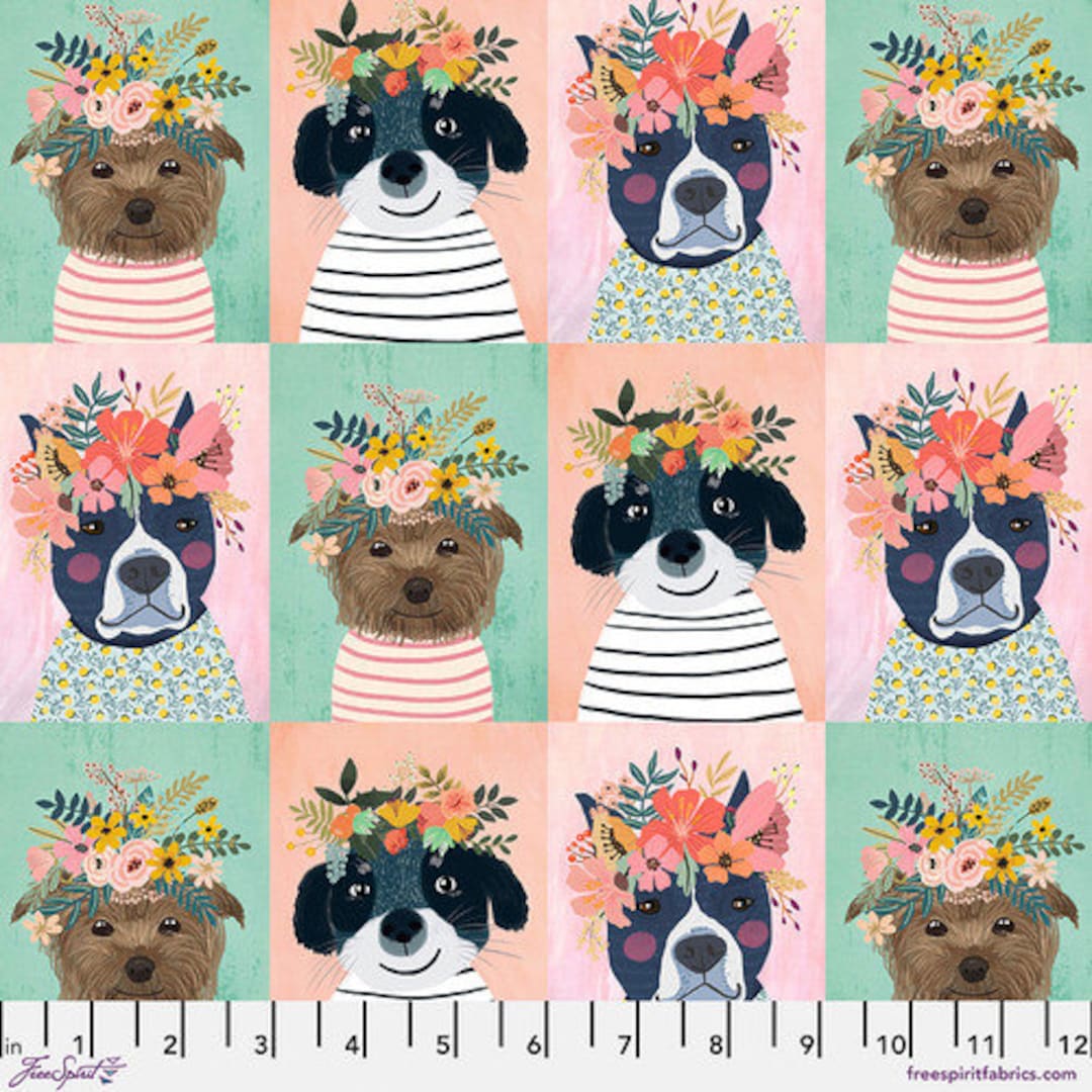More Puppies Panel Floral Pets Blend Textiles Cotton Fabric 129-101-01 ...