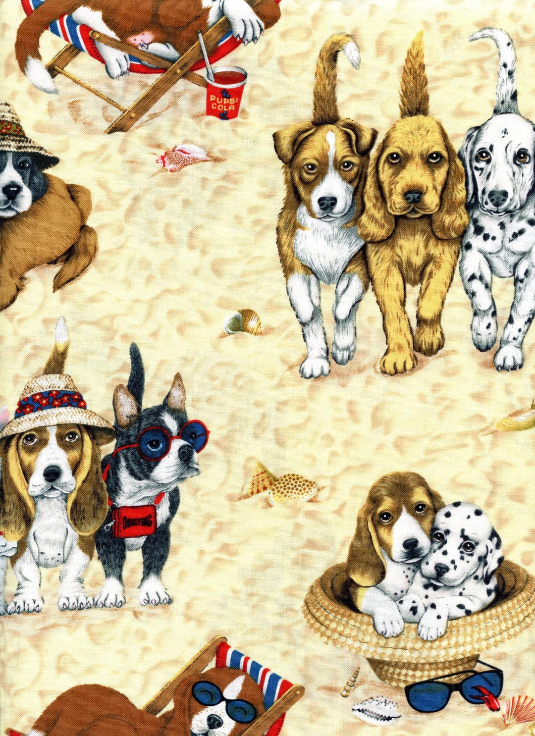 HALF YARD Dogs at the Beach Pets Shamash and Sons Cotton Fabric P4869 ...