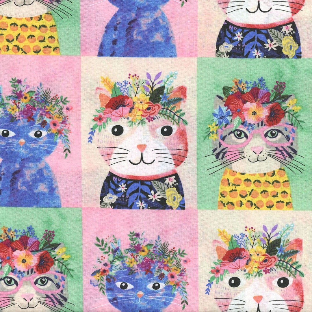 Kitty Panel Floral Pets Blend Textiles Cotton Fabric 129-101-02-1, 12"l ...