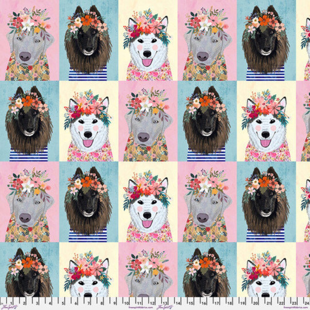 Puppy Panel Floral Pets Blend Textiles Cotton Fabric 129-101-07-1, 12"l ...