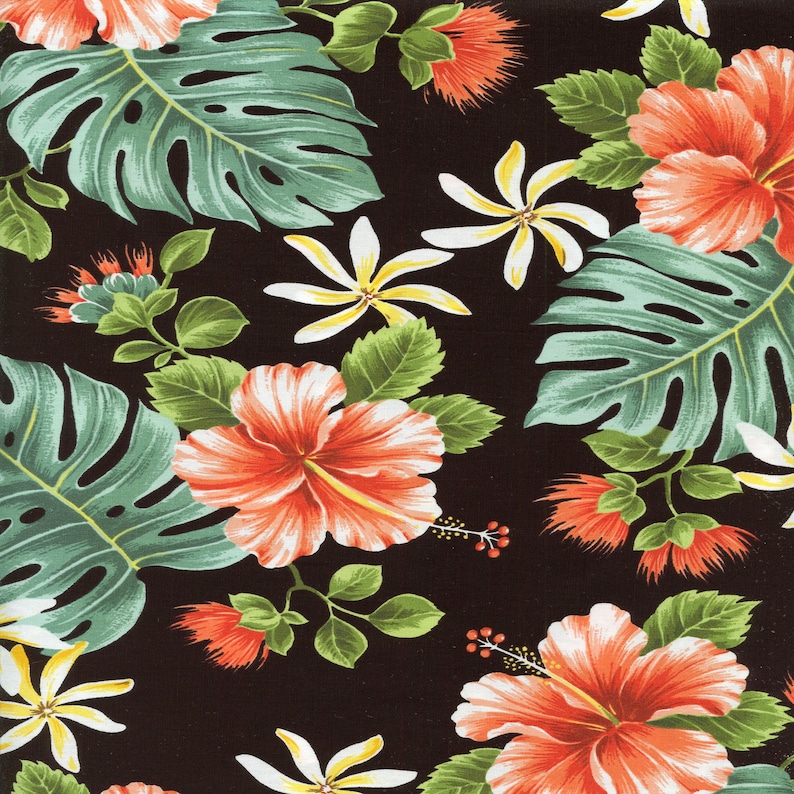 Hawaiian Large Hibiscus Flower Trans-pacific Cotton Fabric NS-505 Black ...