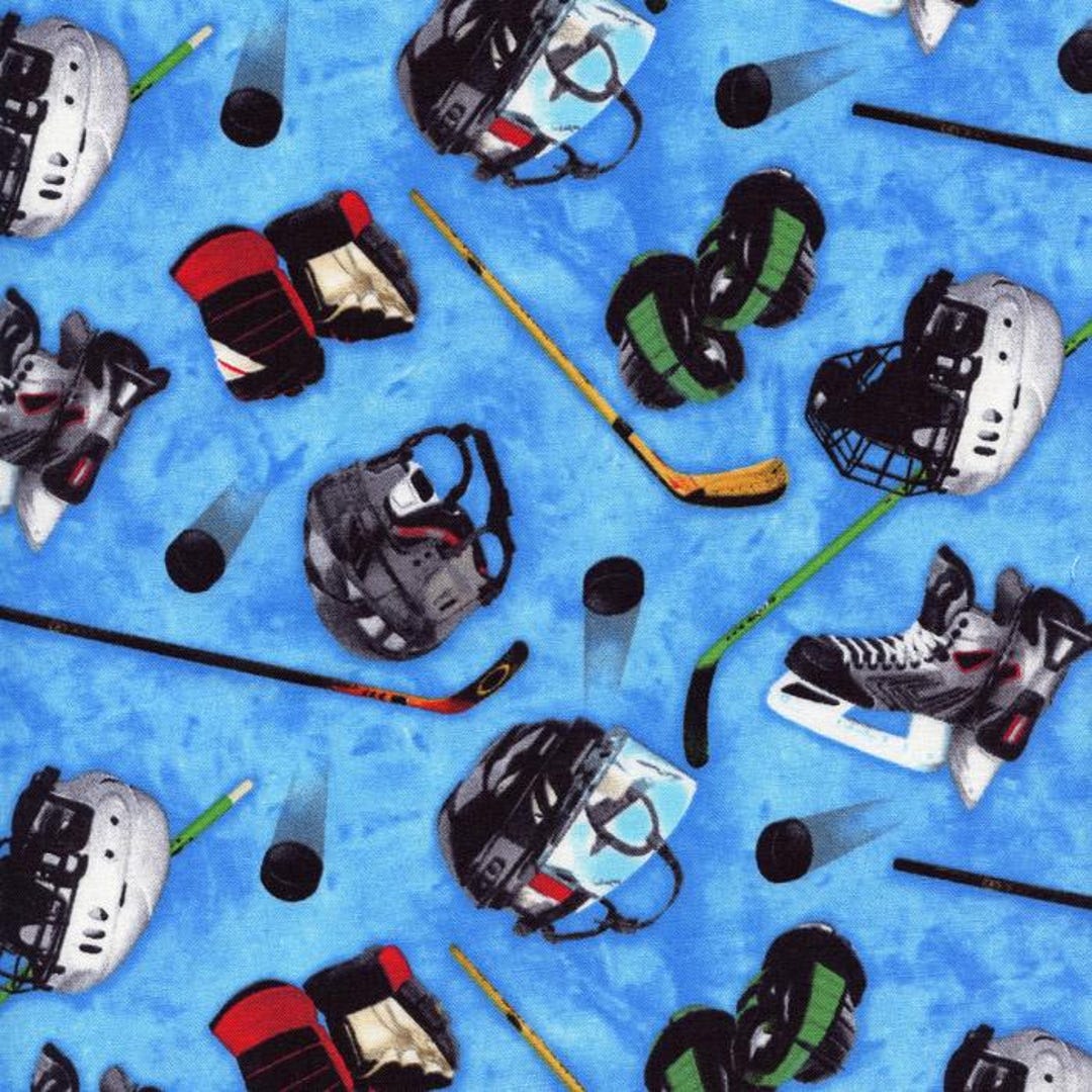 HALF YARD Ice Hockey Gear Sport 137 Blue Quilt Sew Fabric Elizabeth's ...
