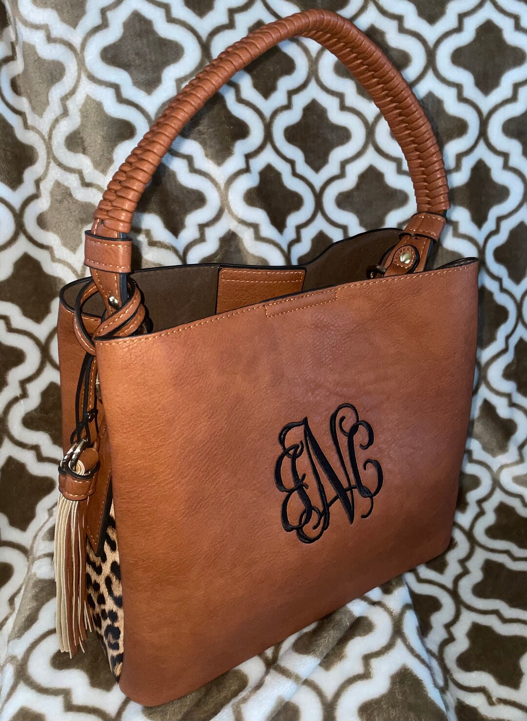 Monogrammed Contrast Hobo Handbag——-black With Leopard Sides / ONE LEFT ...