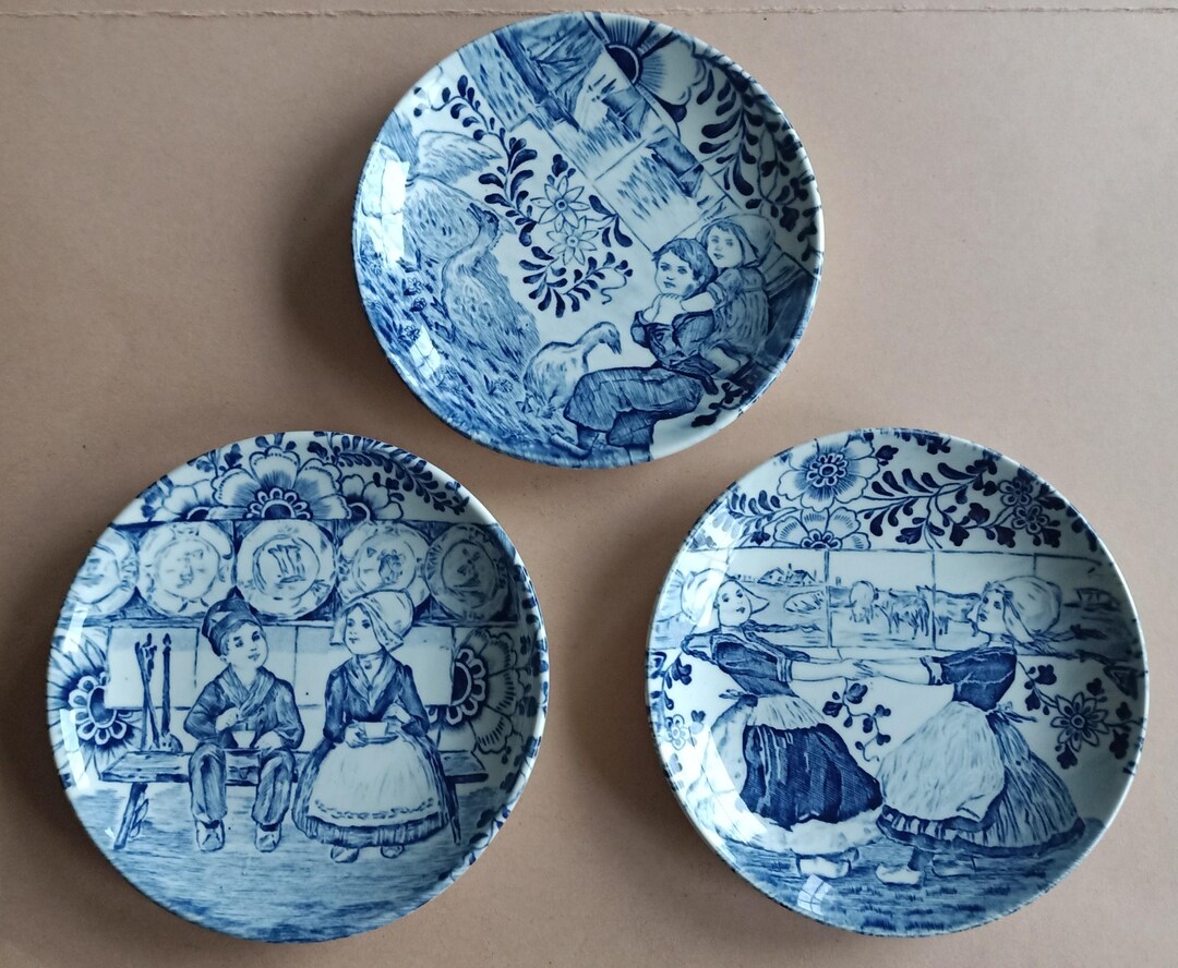 Three Boch Belgian Blue Delft Porcelain, Two Girls Playing, Girl and ...